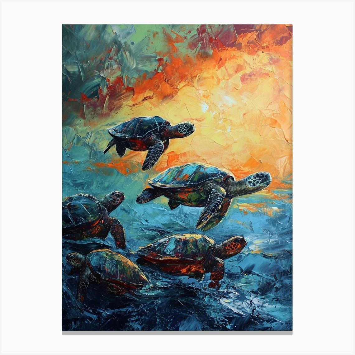 Expressionism Style Painting Of Sea Turtles In The Waves 3 Canvas Print by Energy of the Sea - Fy