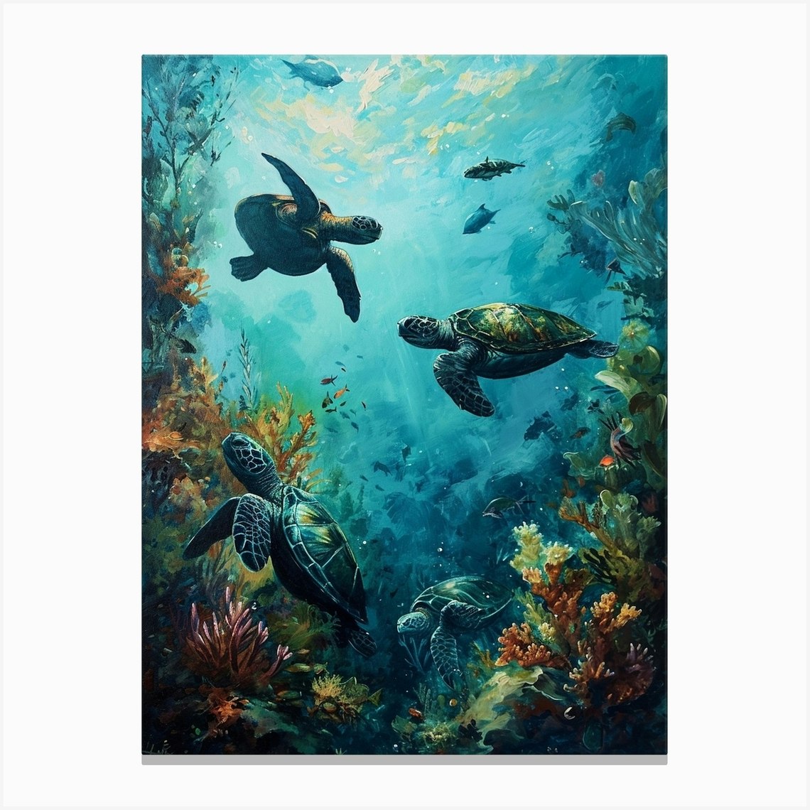 Sea Turtles With A Coral Reef Expressionism Style Painting 10 Canvas Print by Energy of the Sea - Fy