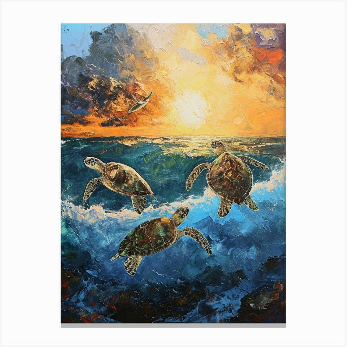 Expressionism Style Painting Of Sea Turtles In The Waves 1 Canvas Print by Energy of the Sea - Fy