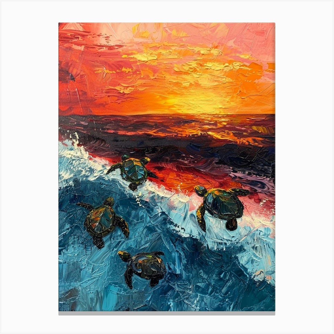 Expressionism Style Painting Of Sea Turtles In The Waves 2 Canvas Print by Energy of the Sea - Fy