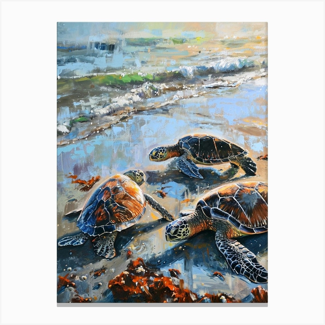 Sea Turtles In The Sand Expressionism Style Painting Canvas Print by Energy of the Sea - Fy