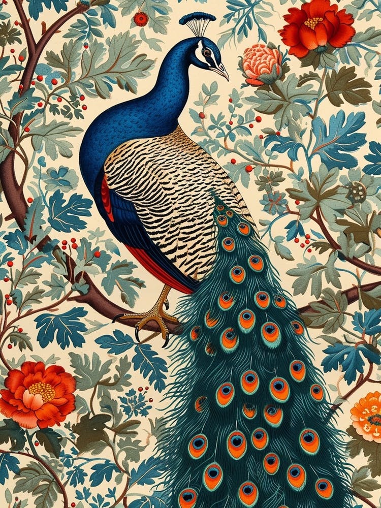 Floral Cream Vintage Peacock Wallpaper 1 Art Print by Featherline - Fy