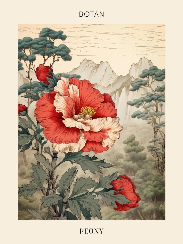 Botan Peony 3 Japanese Botanical Illustration Poster Art Print by ...