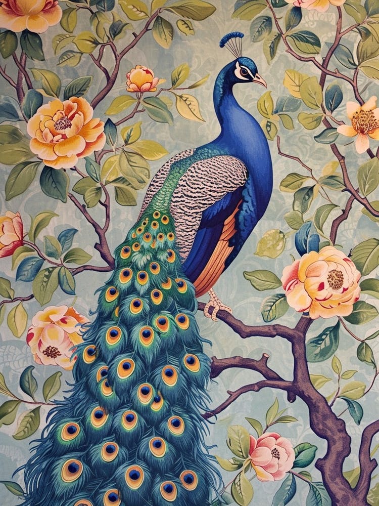 Vintage Peacock Wallpaper Inspired Art Print by Featherline - Fy