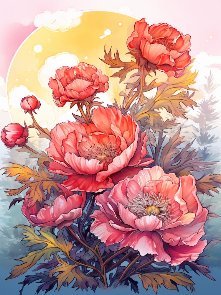 Peony With Sunset In Watercolors 7 Art Print by Wildflower Studio Fy