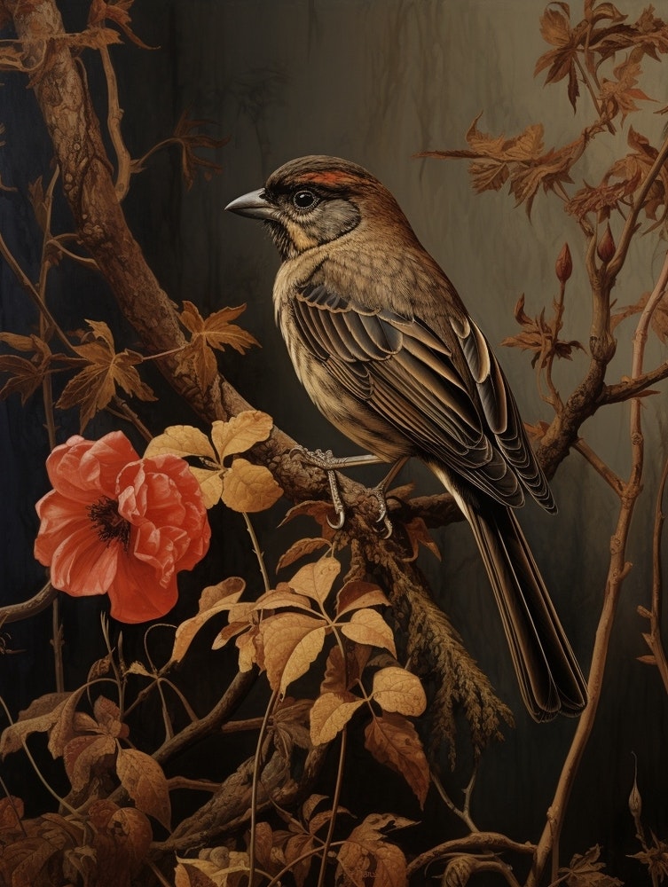 Dark And Moody Botanical Sparrow 3 Art Print By Feathered Muse Fy